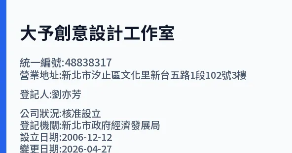 大予創意設計工作室的照片-統編 48838317(新北市) 公司登記資料與營業項目詳細圖表