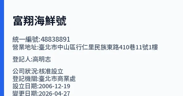 富翔海鮮號的照片-統編 48838891(臺北市) 公司登記資料與營業項目詳細圖表