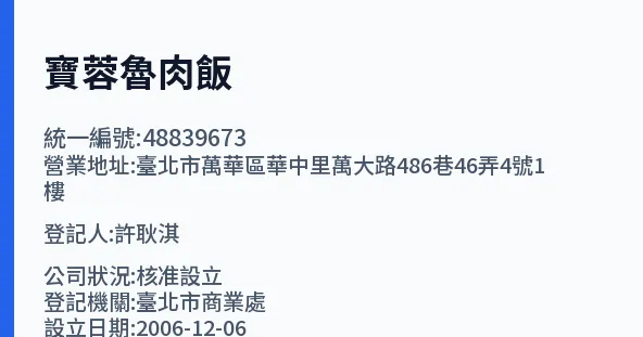 寶蓉魯肉飯的照片-統編 48839673(臺北市) 公司登記資料與營業項目詳細圖表