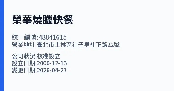 榮華燒臘快餐的照片-統編 48841615(臺北市) 公司登記資料與營業項目詳細圖表