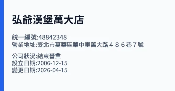 弘爺漢堡萬大店的照片-統編 48842348(臺北市) 公司登記資料與營業項目詳細圖表