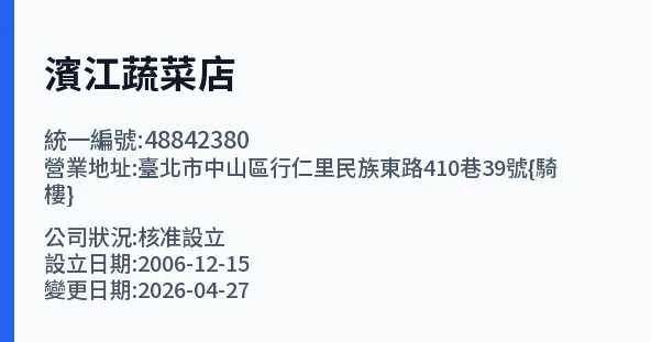 濱江蔬菜店的照片-統編 48842380(臺北市) 公司登記資料與營業項目詳細圖表