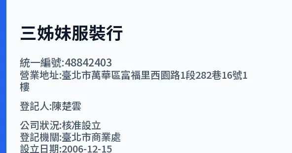 三姊妹服裝行的照片-統編 48842403(臺北市) 公司登記資料與營業項目詳細圖表