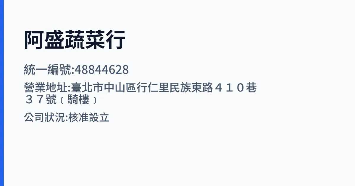阿盛蔬菜行 - 統編 48844628(臺北市) 公司登記資料與營業項目詳細圖表
