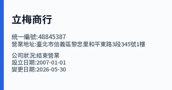 立梅商行的照片-統編 48845387(臺北市) 公司登記資料與營業項目詳細圖表