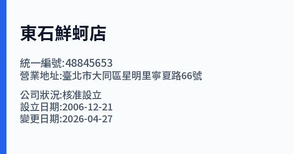 東石鮮蚵店的照片-統編 48845653(臺北市) 公司登記資料與營業項目詳細圖表
