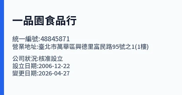 一品園食品行的照片-統編 48845871(臺北市) 公司登記資料與營業項目詳細圖表