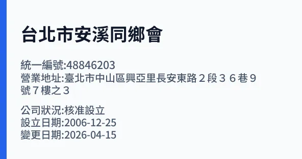 台北市安溪同鄉會的照片-統編 48846203(臺北市) 公司登記資料與營業項目詳細圖表