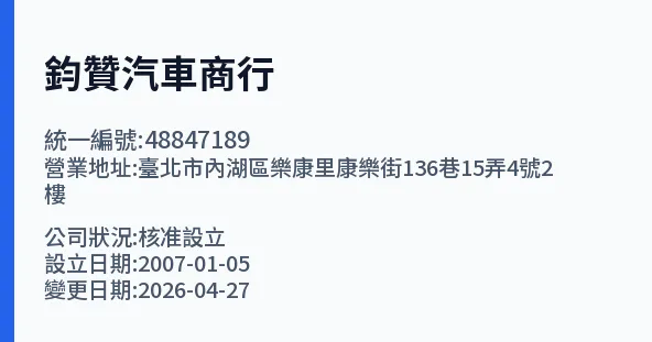 鈞贊汽車商行的照片-統編 48847189(臺北市) 公司登記資料與營業項目詳細圖表