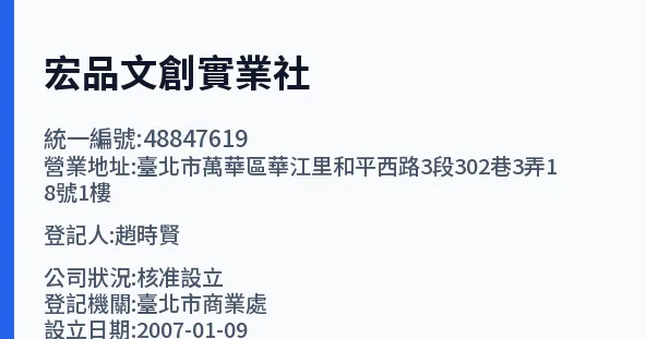 宏品文創實業社的照片-統編 48847619(臺北市) 公司登記資料與營業項目詳細圖表