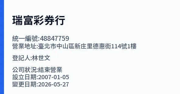 瑞富彩券行的照片-統編 48847759(臺北市) 公司登記資料與營業項目詳細圖表
