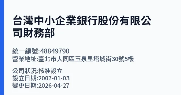 台灣中小企業銀行股份有限公司財務部的照片-統編 48849790(臺北市) 公司登記資料與營業項目詳細圖表
