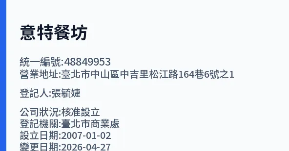 意特餐坊的照片-統編 48849953(臺北市) 公司登記資料與營業項目詳細圖表