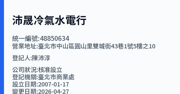 沛晟冷氣水電行的照片-統編 48850634(臺北市) 公司登記資料與營業項目詳細圖表