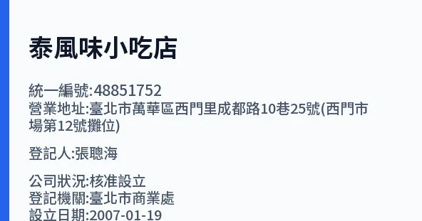 泰風味小吃店的照片-統編 48851752(臺北市) 公司登記資料與營業項目詳細圖表