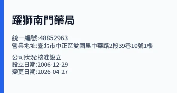 躍獅南門藥局的照片-統編 48852963(臺北市) 公司登記資料與營業項目詳細圖表