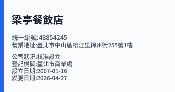 梁亭餐飲店的照片-統編 48854245(臺北市) 公司登記資料與營業項目詳細圖表
