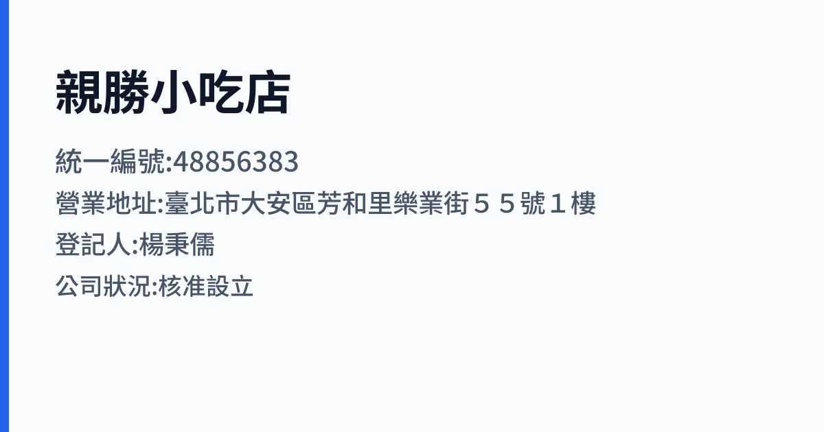 親勝小吃店 - 統編 48856383(臺北市) 公司登記資料與營業項目詳細圖表