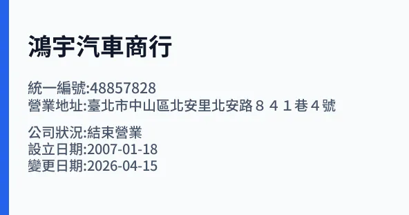 鴻宇汽車商行的照片-統編 48857828(臺北市) 公司登記資料與營業項目詳細圖表
