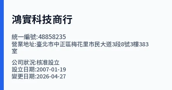 鴻實科技商行的照片-統編 48858235(臺北市) 公司登記資料與營業項目詳細圖表