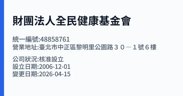 財團法人全民健康基金會的照片-統編 48858761(臺北市) 公司登記資料與營業項目詳細圖表