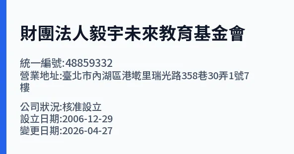 財團法人毅宇未來教育基金會的照片-統編 48859332(臺北市) 公司登記資料與營業項目詳細圖表