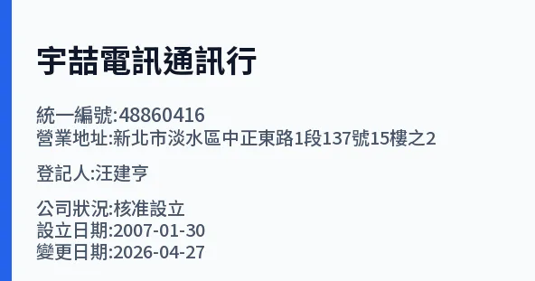 宇喆電訊通訊行的照片-統編 48860416(新北市) 公司登記資料與營業項目詳細圖表