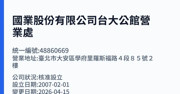 國業股份有限公司台大公館營業處的照片-統編 48860669(臺北市) 公司登記資料與營業項目詳細圖表
