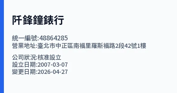 阡鋒鐘錶行的照片-統編 48864285(臺北市) 公司登記資料與營業項目詳細圖表
