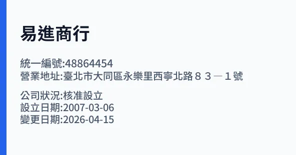 易進商行的照片-統編 48864454(臺北市) 公司登記資料與營業項目詳細圖表