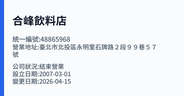合峰飲料店的照片-統編 48865968(臺北市) 公司登記資料與營業項目詳細圖表