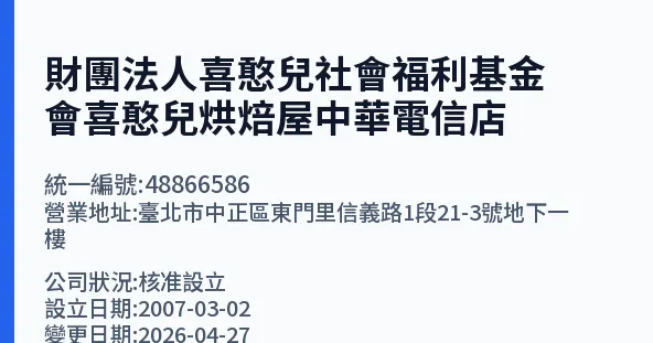 財團法人喜憨兒社會福利基金會喜憨兒烘焙屋中華電信店的照片-統編 48866586(臺北市) 公司登記資料與營業項目詳細圖表