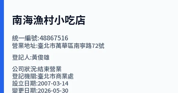 南海漁村小吃店的照片-統編 48867516(臺北市) 公司登記資料與營業項目詳細圖表