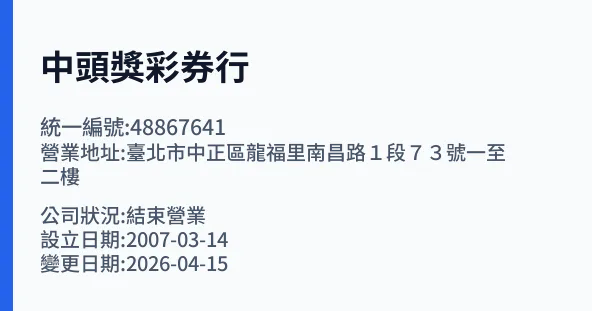 中頭獎彩券行的照片-統編 48867641(臺北市) 公司登記資料與營業項目詳細圖表