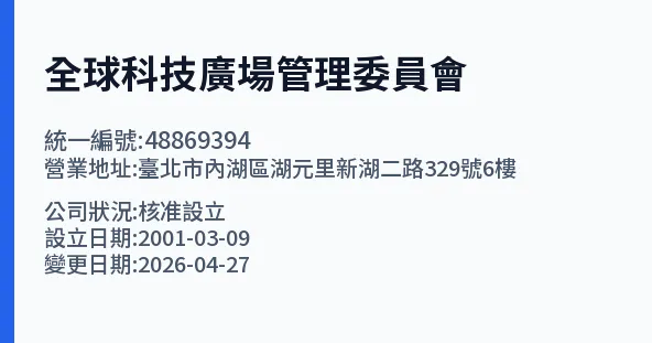 全球科技廣場管理委員會的照片-統編 48869394(臺北市) 公司登記資料與營業項目詳細圖表