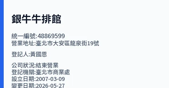 銀牛牛排館的照片-統編 48869599(臺北市) 公司登記資料與營業項目詳細圖表