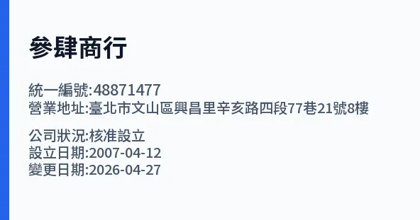 參肆商行的照片-統編 48871477(臺北市) 公司登記資料與營業項目詳細圖表