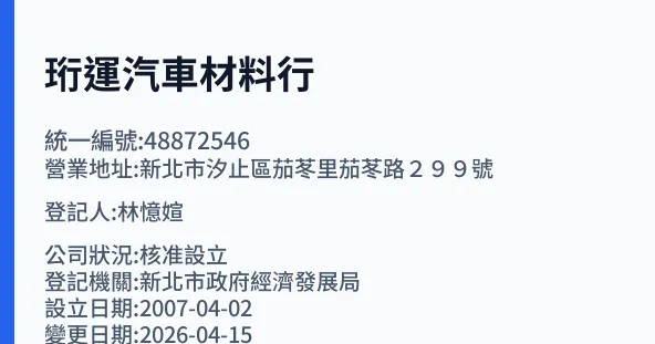 珩運汽車材料行的照片-統編 48872546(新北市) 公司登記資料與營業項目詳細圖表