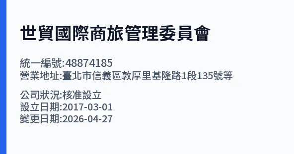 世貿國際商旅管理委員會的照片-統編 48874185(臺北市) 公司登記資料與營業項目詳細圖表