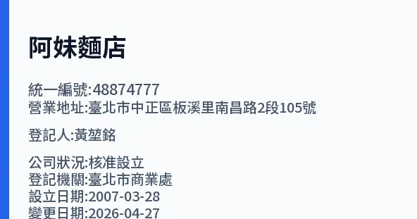 阿妹麵店的照片-統編 48874777(臺北市) 公司登記資料與營業項目詳細圖表