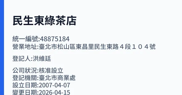 民生東綠茶店的照片-統編 48875184(臺北市) 公司登記資料與營業項目詳細圖表