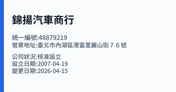 錦揚汽車商行的照片-統編 48879219(臺北市) 公司登記資料與營業項目詳細圖表