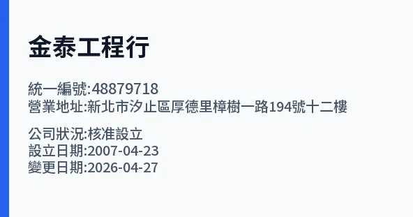 金泰工程行的照片-統編 48879718(新北市) 公司登記資料與營業項目詳細圖表