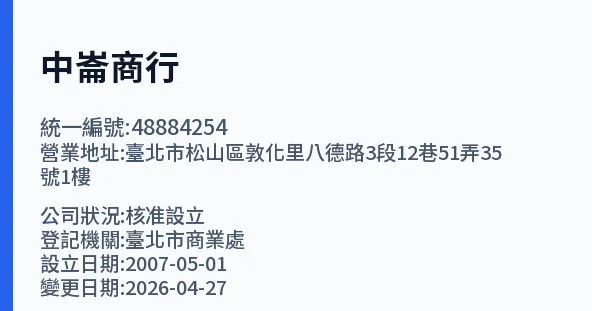 中崙商行的照片-統編 48884254(臺北市) 公司登記資料與營業項目詳細圖表