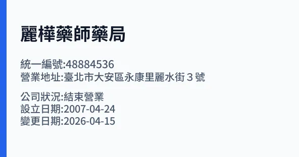 麗樺藥師藥局的照片-統編 48884536(臺北市) 公司登記資料與營業項目詳細圖表