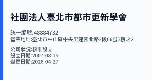 社團法人臺北市都市更新學會的照片-統編 48884732(臺北市) 公司登記資料與營業項目詳細圖表