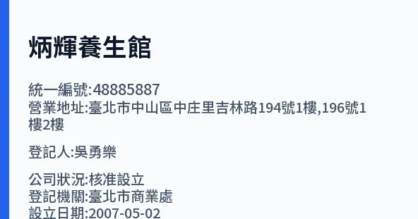 炳輝養生館的照片-統編 48885887(臺北市) 公司登記資料與營業項目詳細圖表