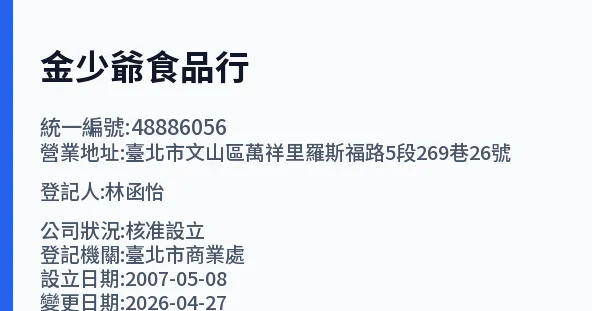 金少爺食品行的照片-統編 48886056(臺北市) 公司登記資料與營業項目詳細圖表