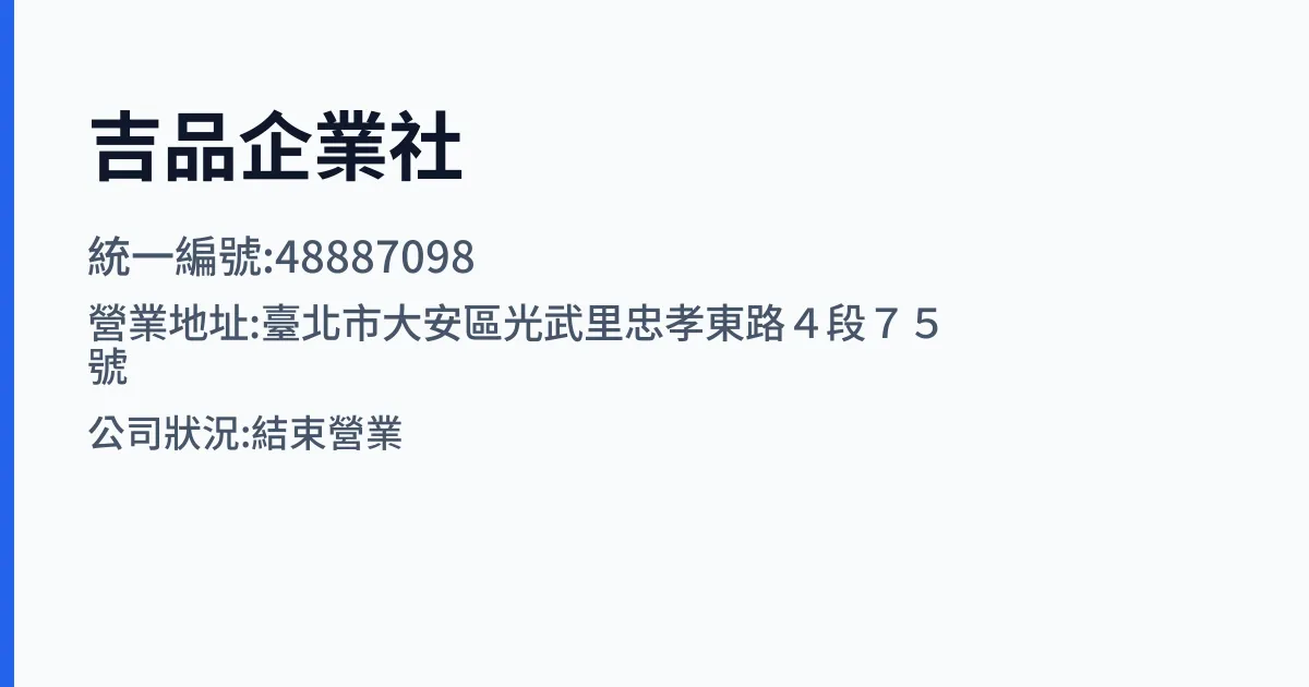 吉品企業社 - 統編 48887098(臺北市) 公司登記資料與營業項目詳細圖表