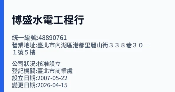 博盛水電工程行的照片-統編 48890761(臺北市) 公司登記資料與營業項目詳細圖表